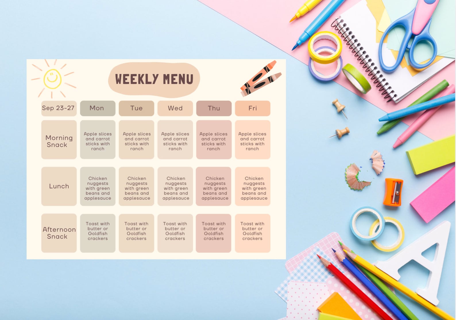 Daycare Weekly Menu Printable, Daycare Meal Menu, Editable Menu ...