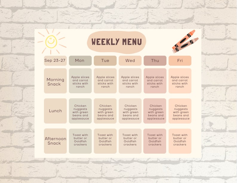 Daycare Weekly Menu Printable, Daycare Meal Menu, Editable Menu ...