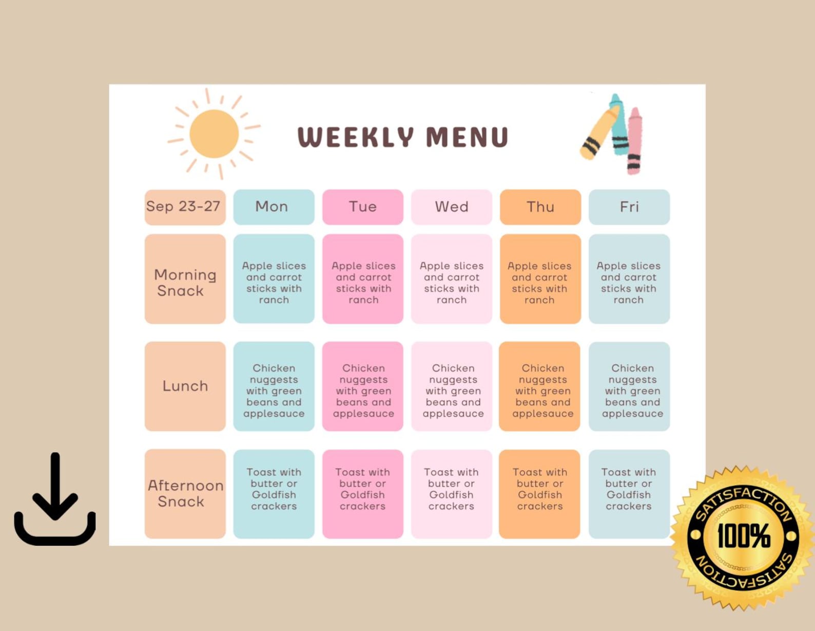 Weekly Menu, Daycare Weekly Menu, Customizable Menu, Daycare Forms ...