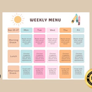 Weekly Menu, Daycare Weekly Menu, Customizable Menu, Daycare Forms ...