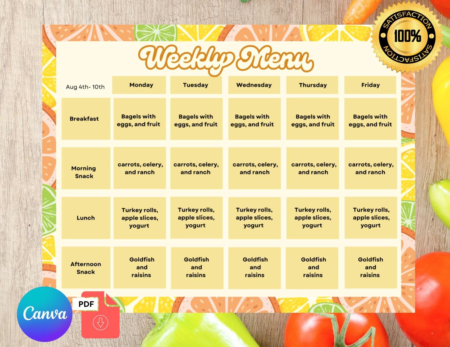 Daycare Weekly Menu Printable, Daycare Meal Menu, Editable Menu ...