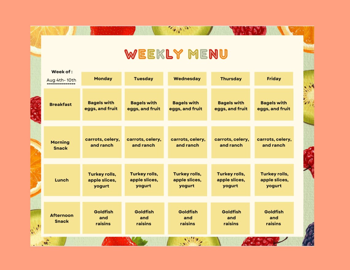 Daycare Weekly Menu Printable, Daycare Meal Menu, Editable Menu ...