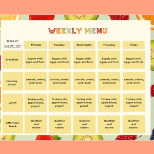 Daycare Weekly Menu Printable, Daycare Meal Menu, Editable Menu ...