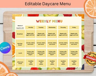 Daycare Weekly Menu Printable, Daycare Meal Menu, Editable Menu ...