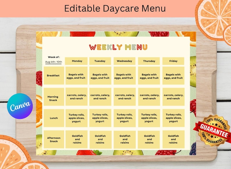 Daycare Weekly Menu Printable, Daycare Meal Menu, Editable Menu ...