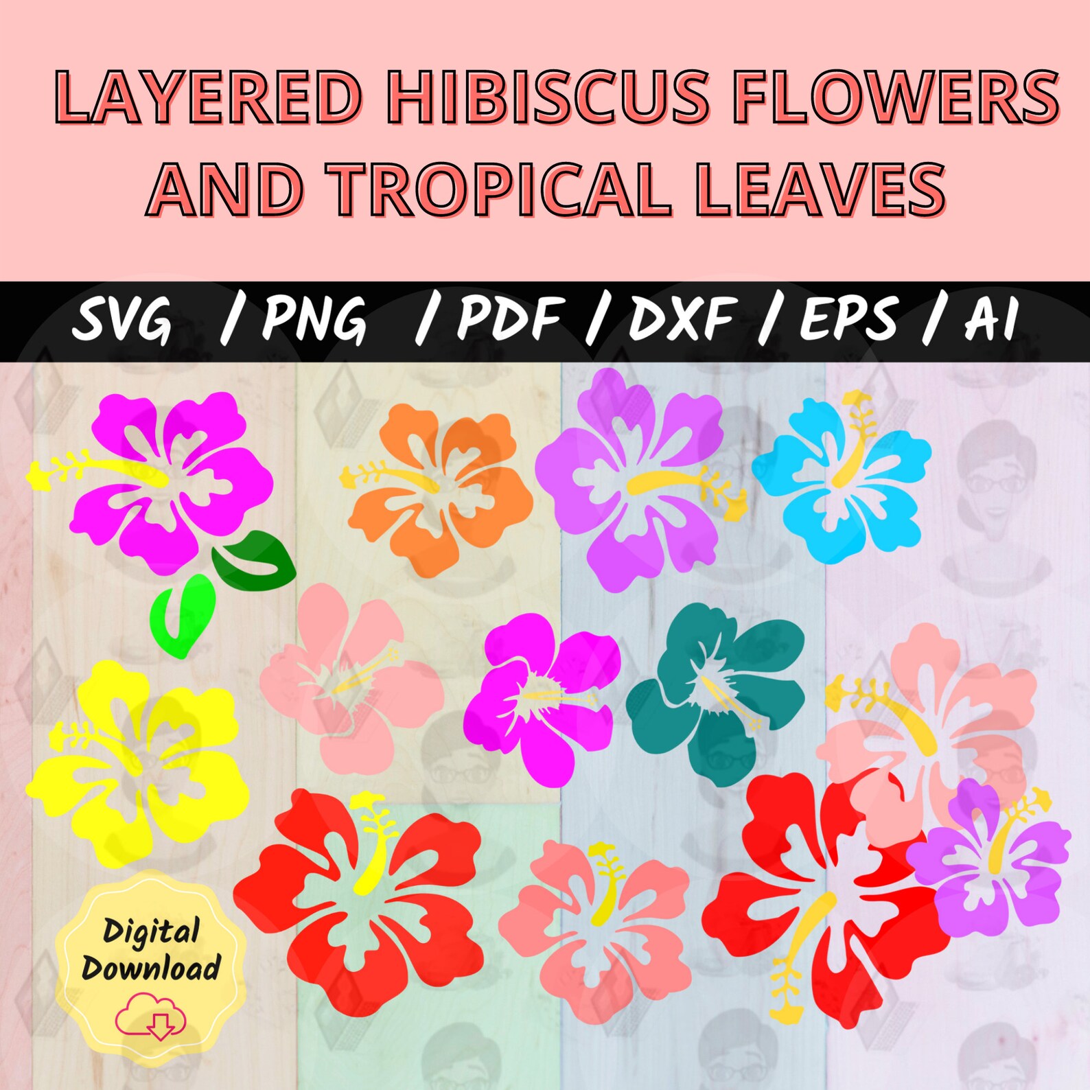 Layered Hibiscus Flower and Leaves Svg Bundle, Editable Hawaiian ...