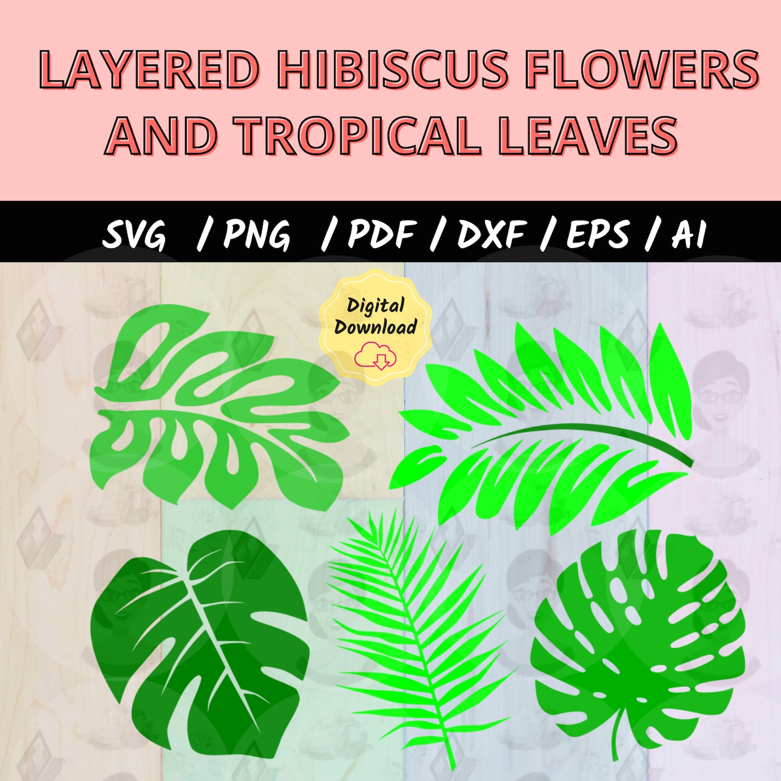 Layered Hibiscus Flower and Leaves Svg Bundle, Editable Hawaiian ...
