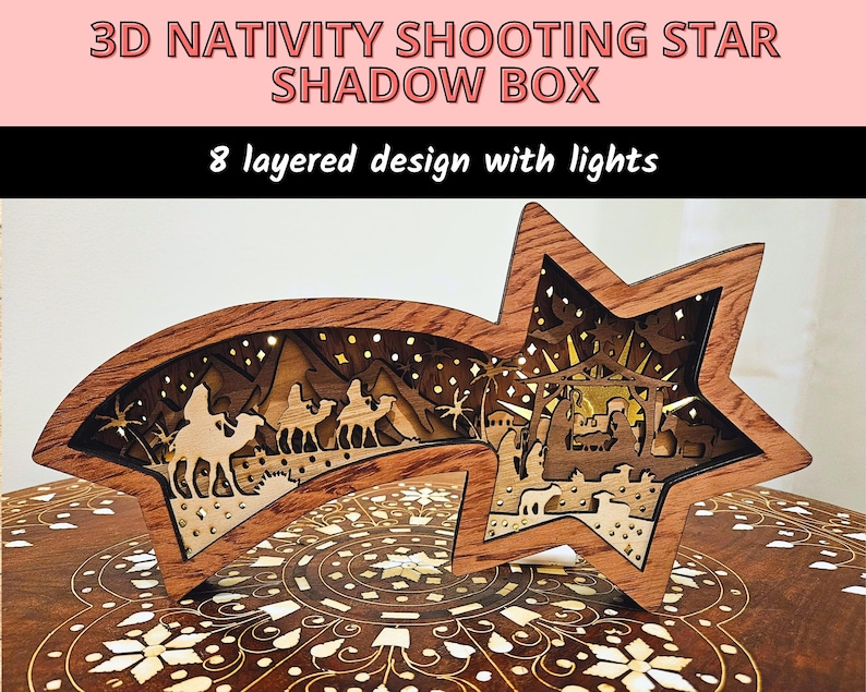 Rustic Christmas Home Decor Inlayed Star Wood 3D Nativity Shadow Box ...