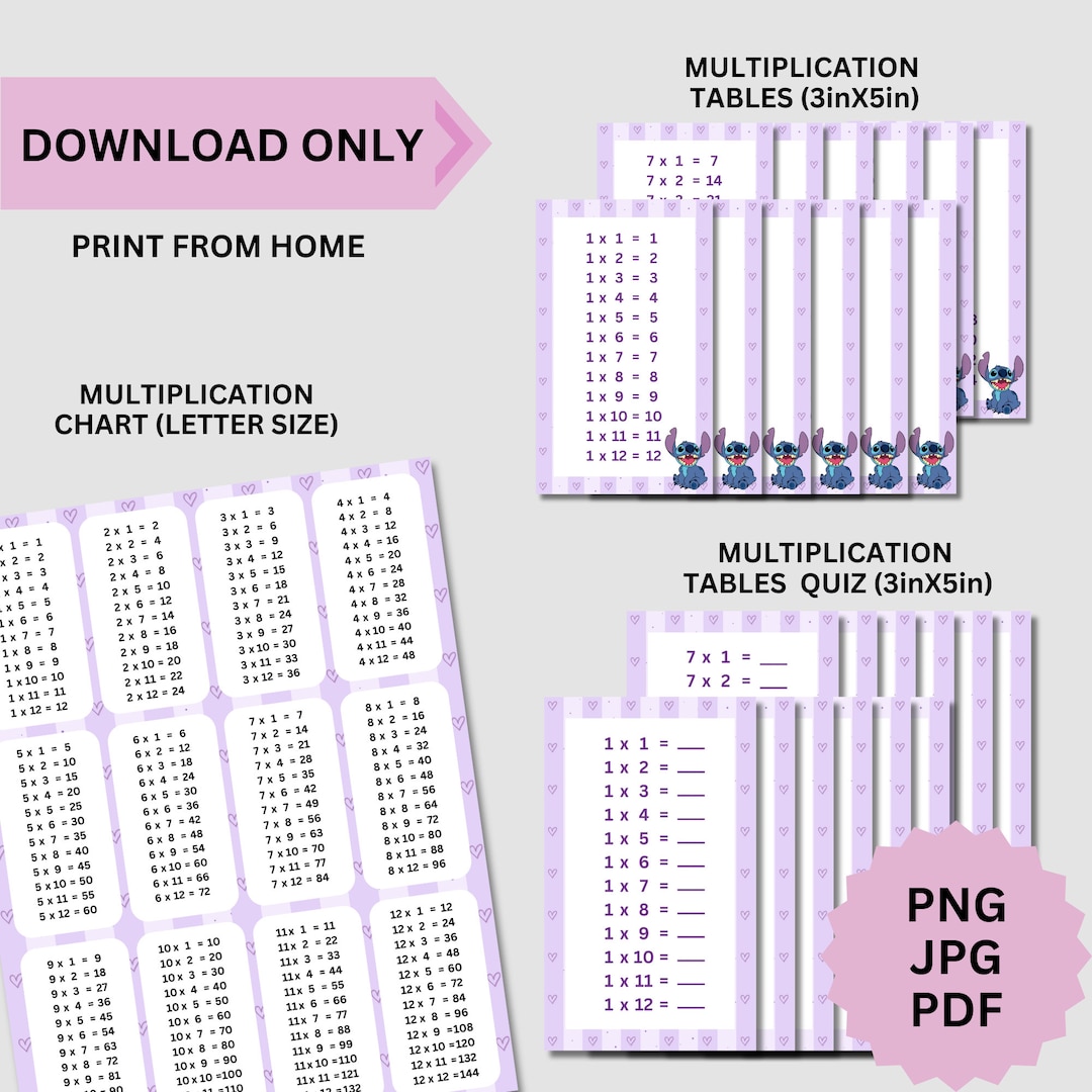 Stitch Multiplication Chart, Multiplication Flash Cards, Print at Home ...