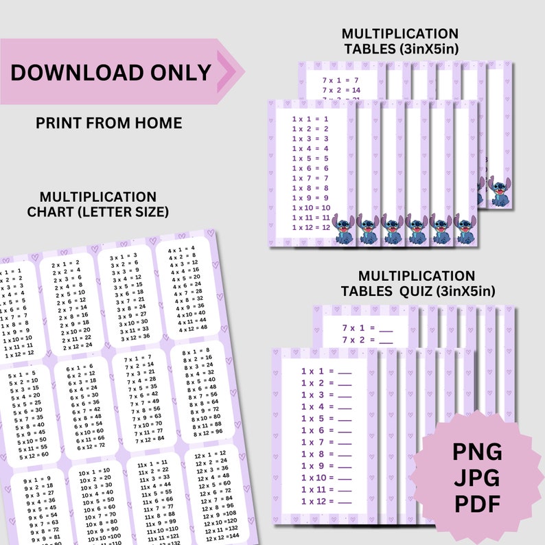 Stitch Multiplication Chart, Multiplication Flash Cards, Print at Home ...
