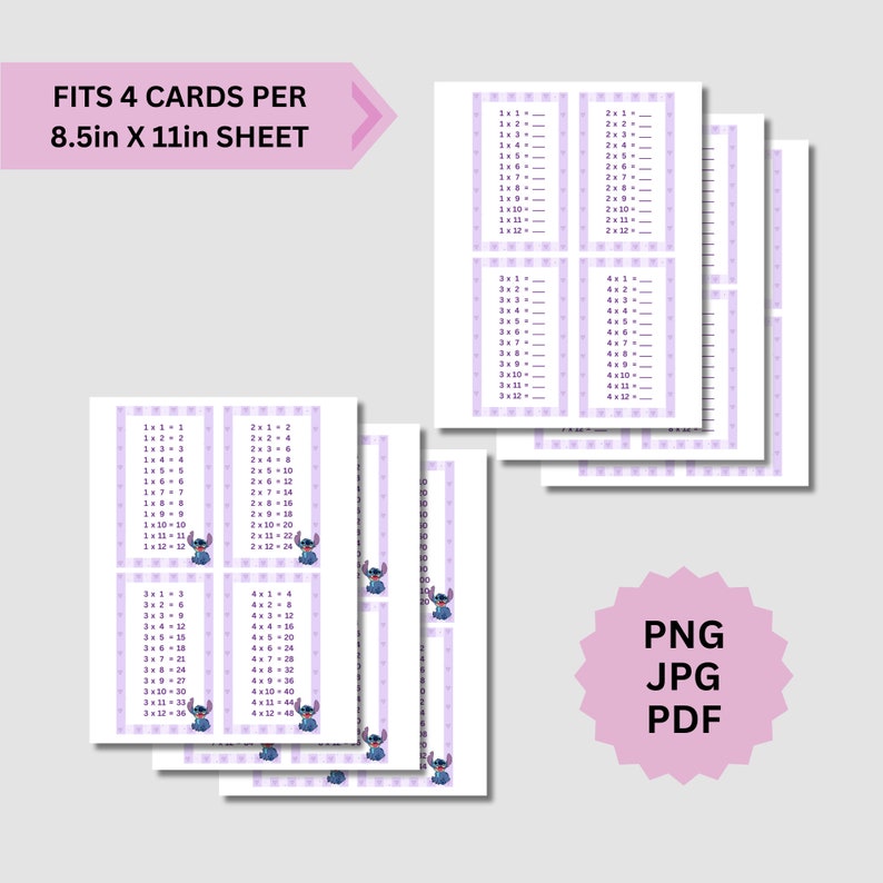 Stitch Multiplication Chart, Multiplication Flash Cards, Print at Home ...