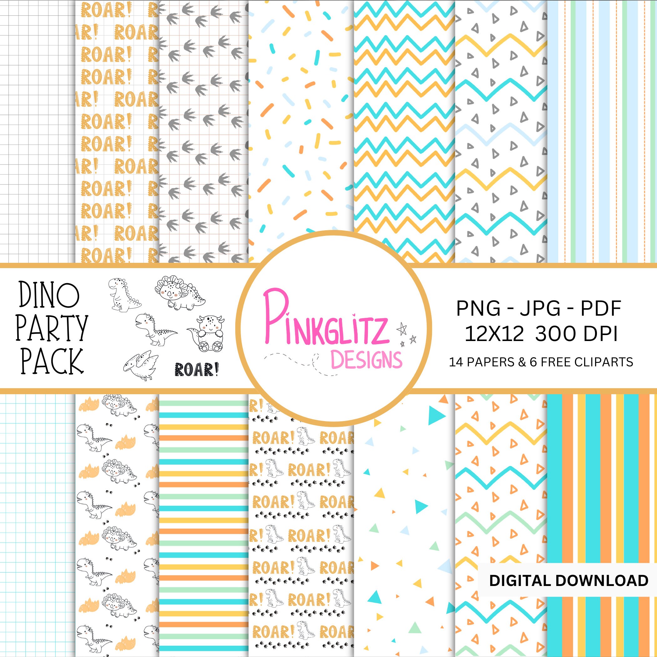 Dino Party Dino Digital Paper Cute Dinosaur Digital Paper - Etsy