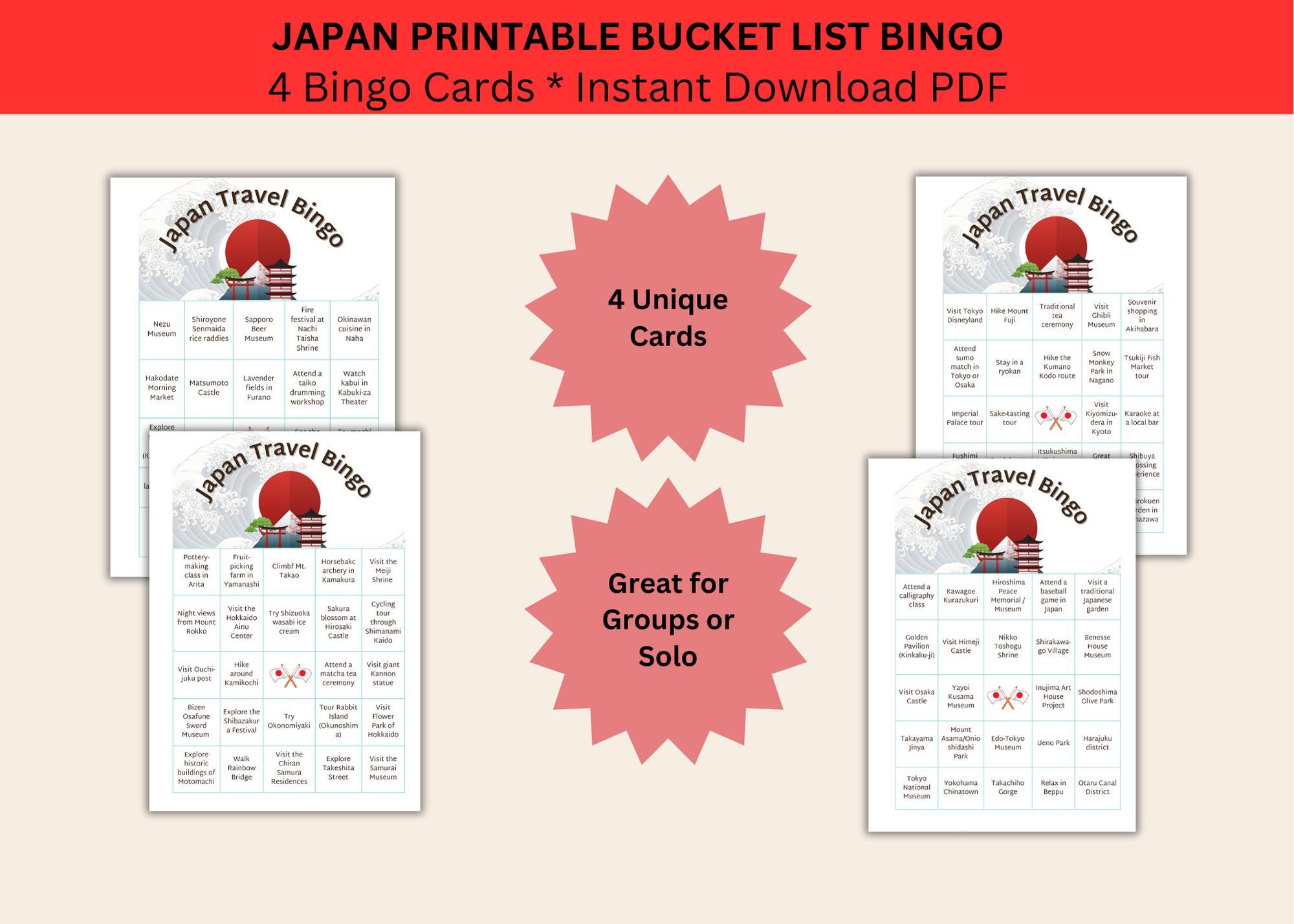 Japan Printable Travel Four Bingo Cards Adventure Game Life Goals ...