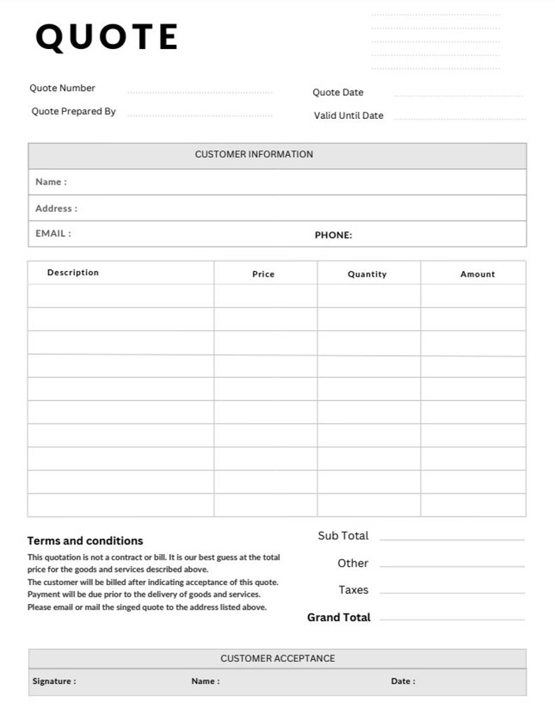Quote Form | Editable Quotation Template | Quote for Small Business ...