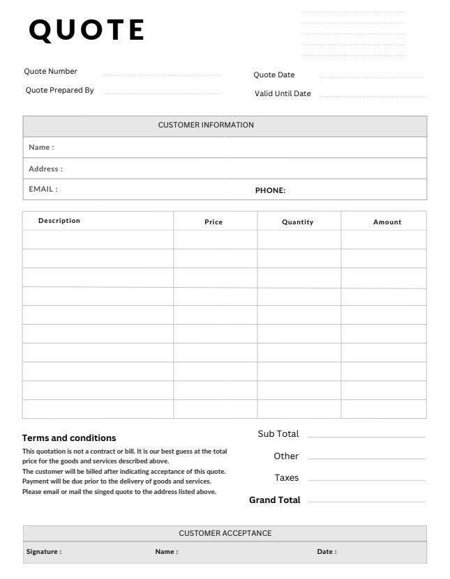 Quote Form | Editable Quotation Template | Quote for Small Business ...