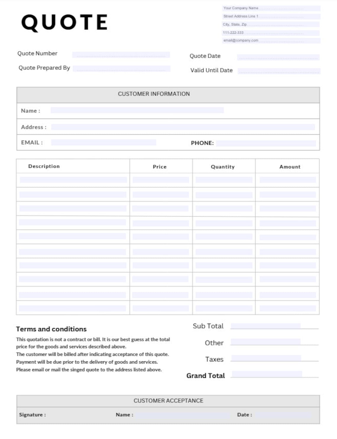 Quote Form | Editable Quotation Template | Quote for Small Business ...