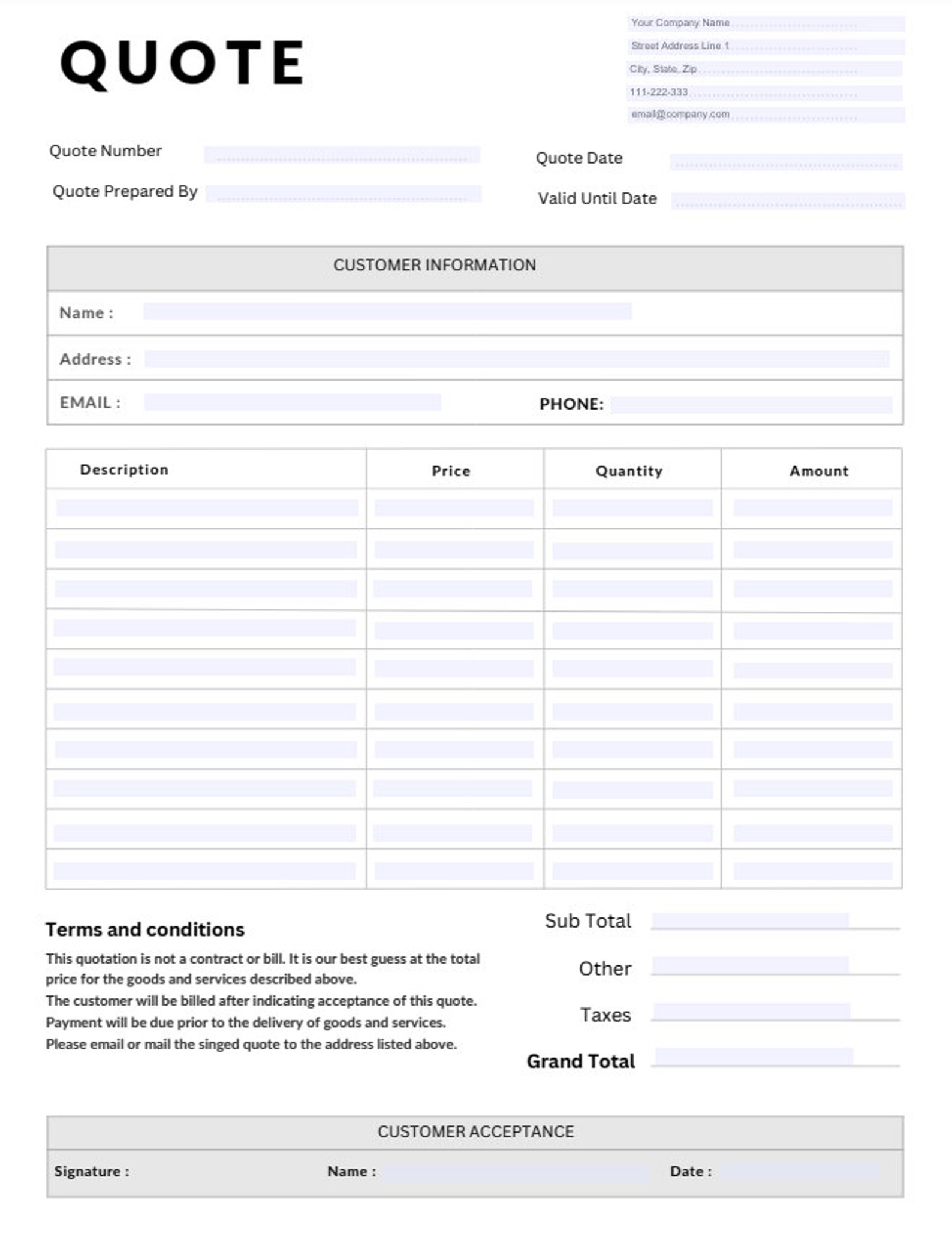 Quote Form | Editable Quotation Template | Quote for Small Business ...