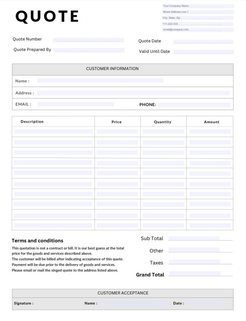 Quote Form | Editable Quotation Template | Quote for Small Business ...