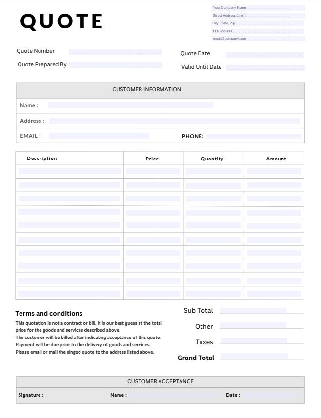 Quote Form | Editable Quotation Template | Quote for Small Business ...