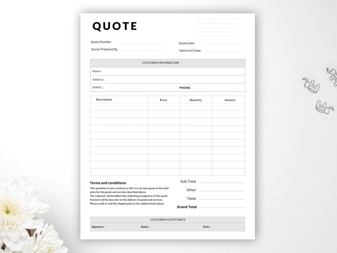 Quote Form | Editable Quotation Template | Quote for Small Business ...