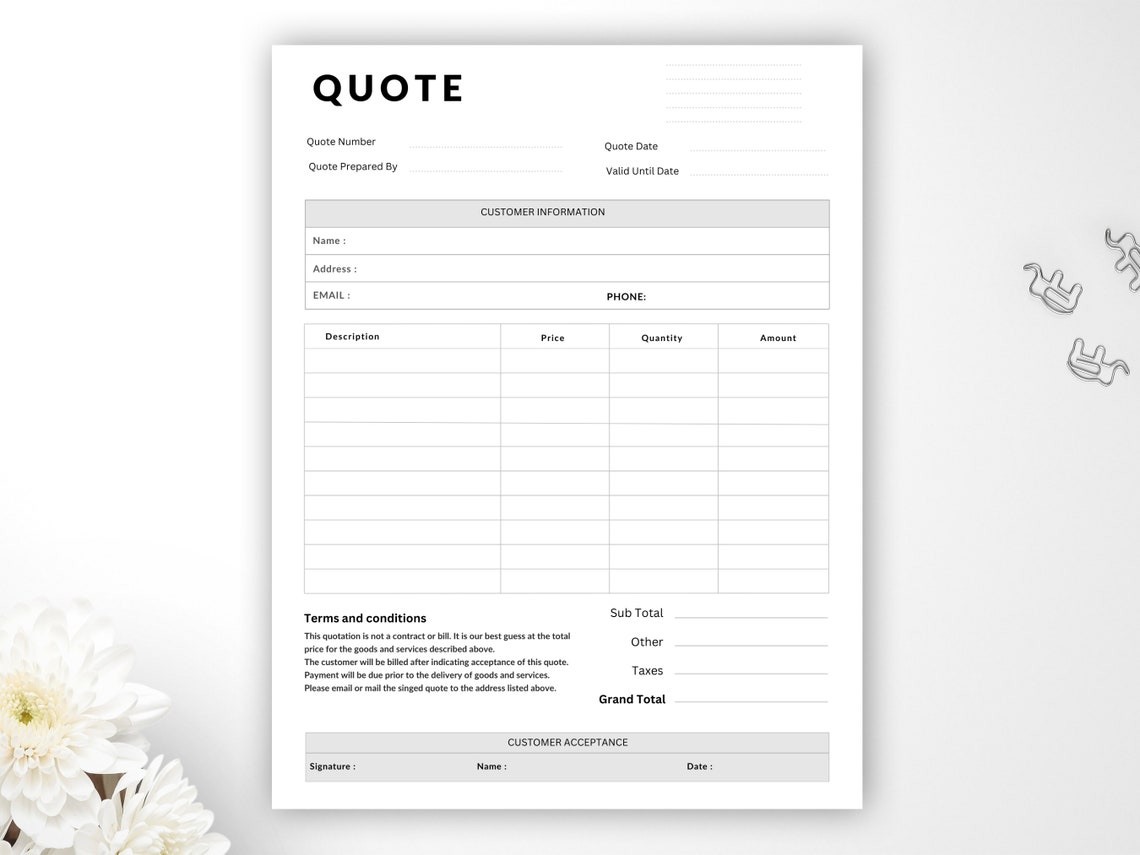 Quote Form | Editable Quotation Template | Quote for Small Business ...