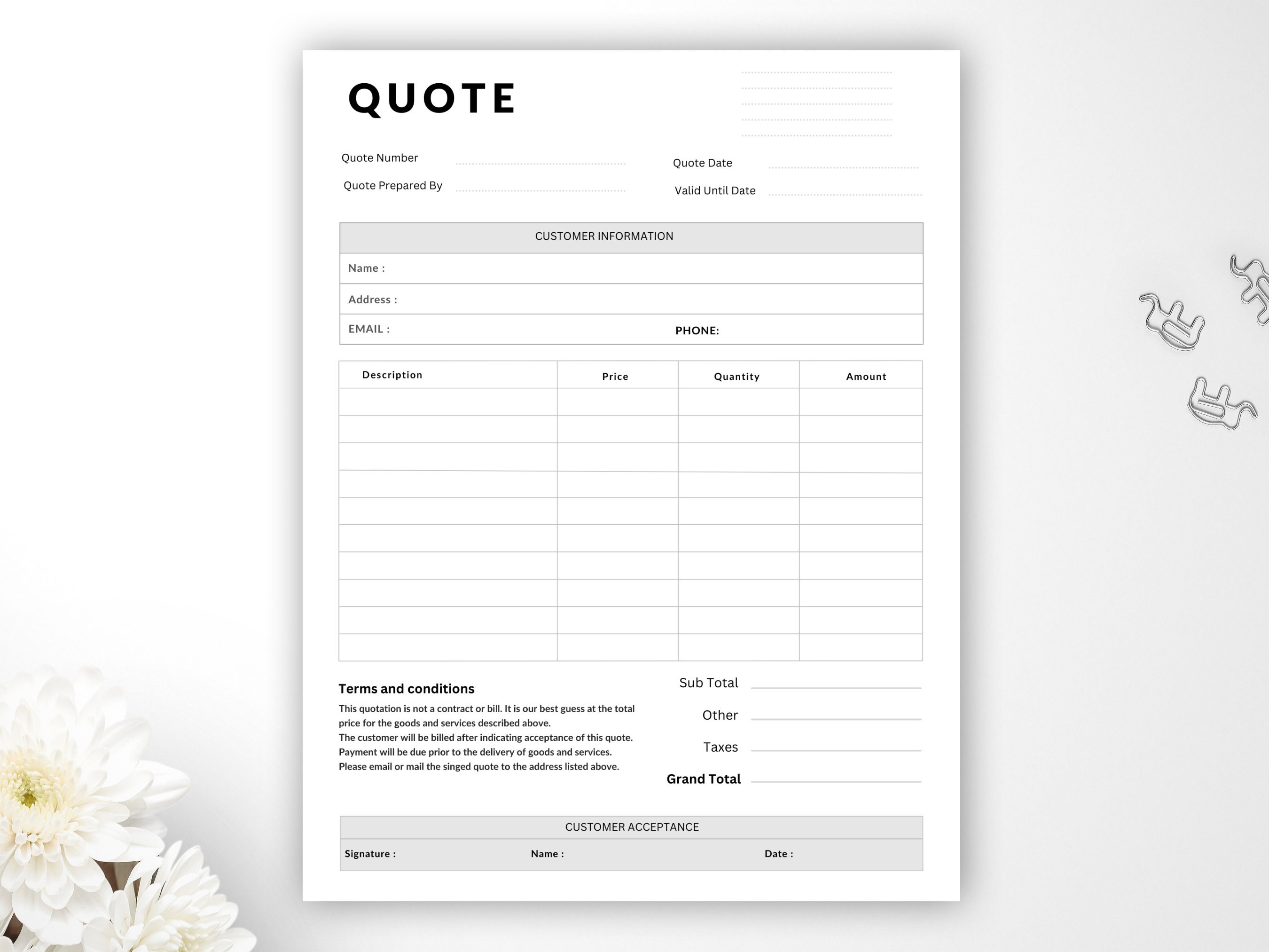 Quote Form | Editable Quotation Template | Quote for Small Business ...
