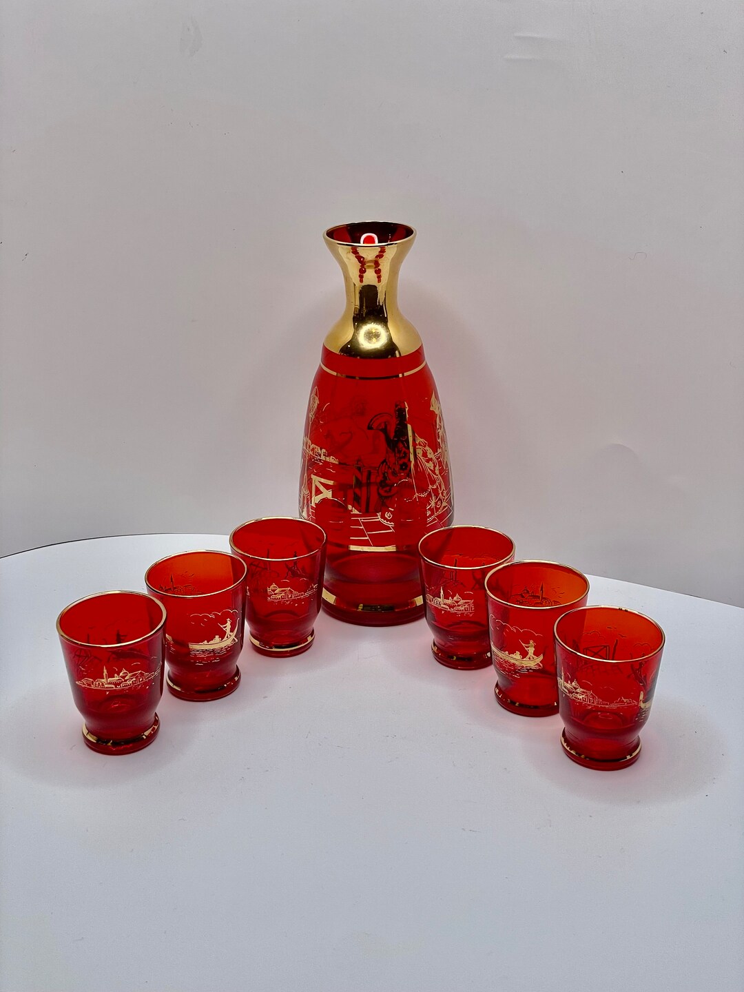 Vintage Red Decanter Set Venice Gondola Scene Blown Italian Glass W ...