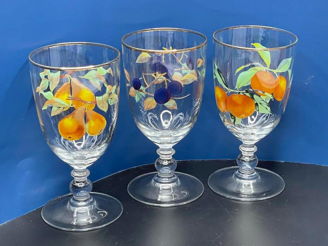 3 Royal Worcester Evesham Gold Rim Water/wine Goblets, Fruit Designs ...