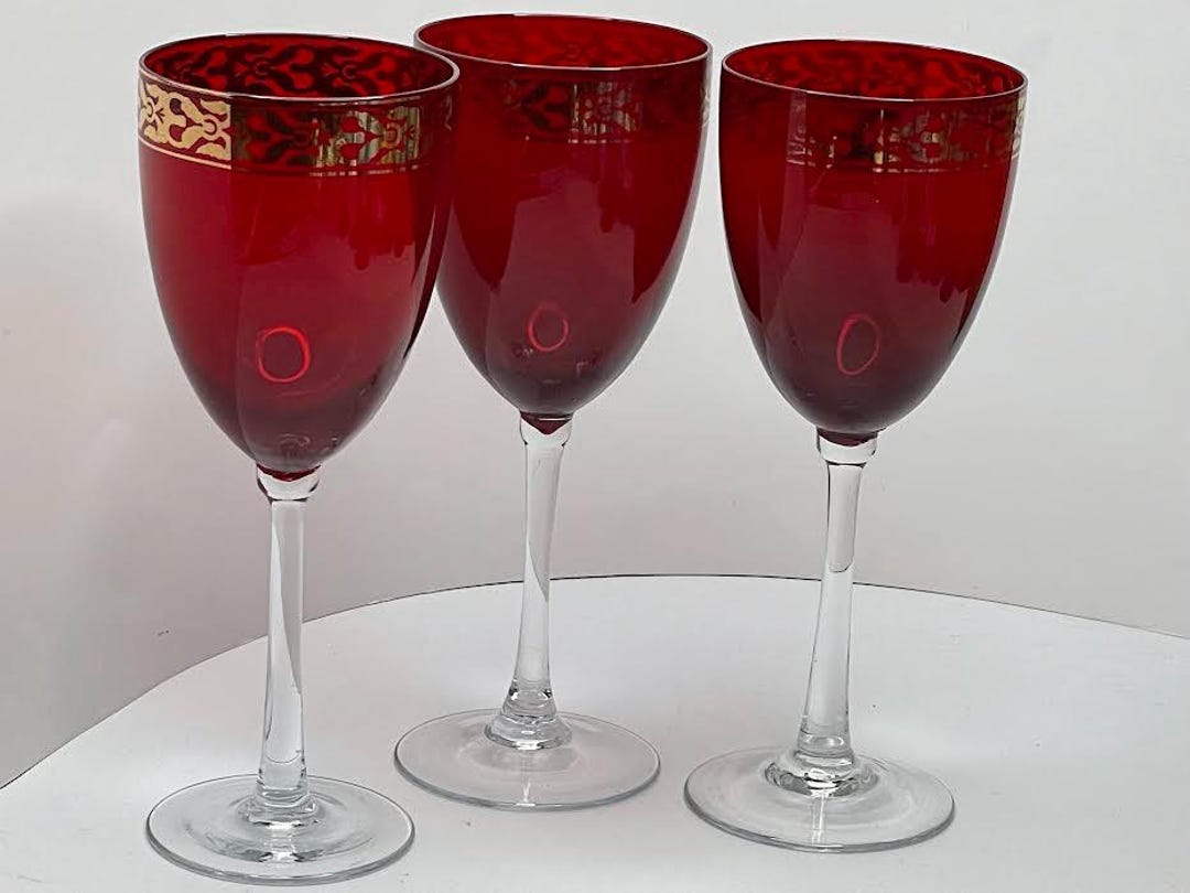 PIER 1 Hand Blown Crystal Ruby Red Gold Trimmed Wine Glasses. Set of 3 ...