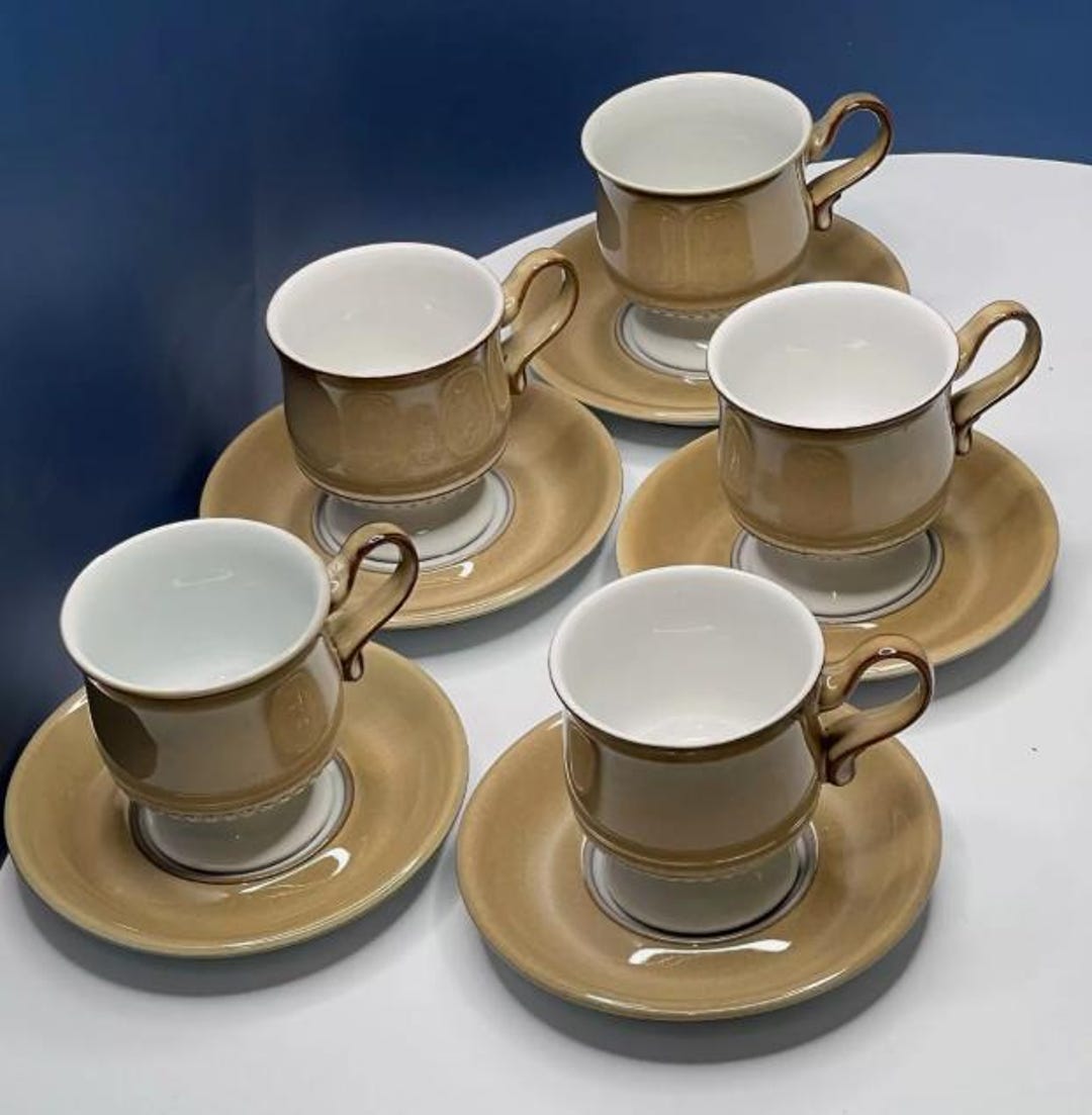 DENBY Seville Pattern Stoneware Pedestal Coffee Cups & Saucers. Set of ...
