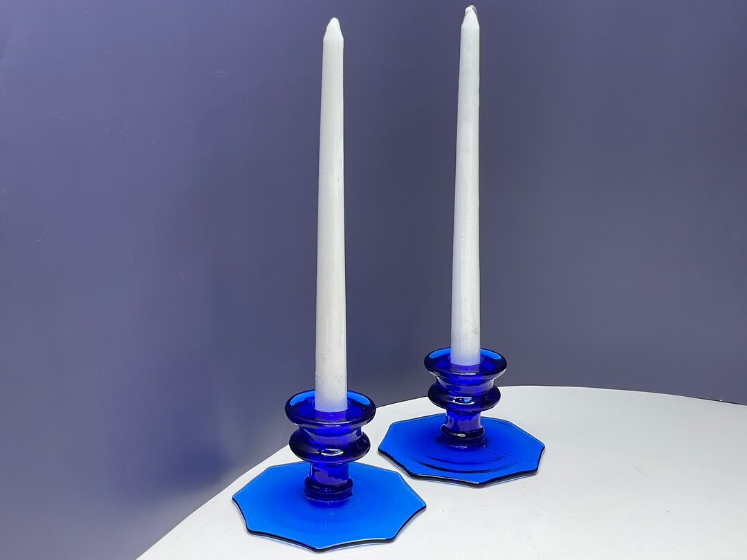 Cobalt Royal Blue Candlestick Candle Holders W/ Octagon Base. Set of 2 ...