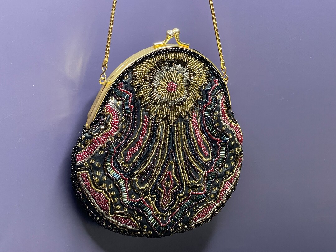 Walborg Art Deco Heavy Beaded Small Purse W/ Long Gold Chain Crossbody ...