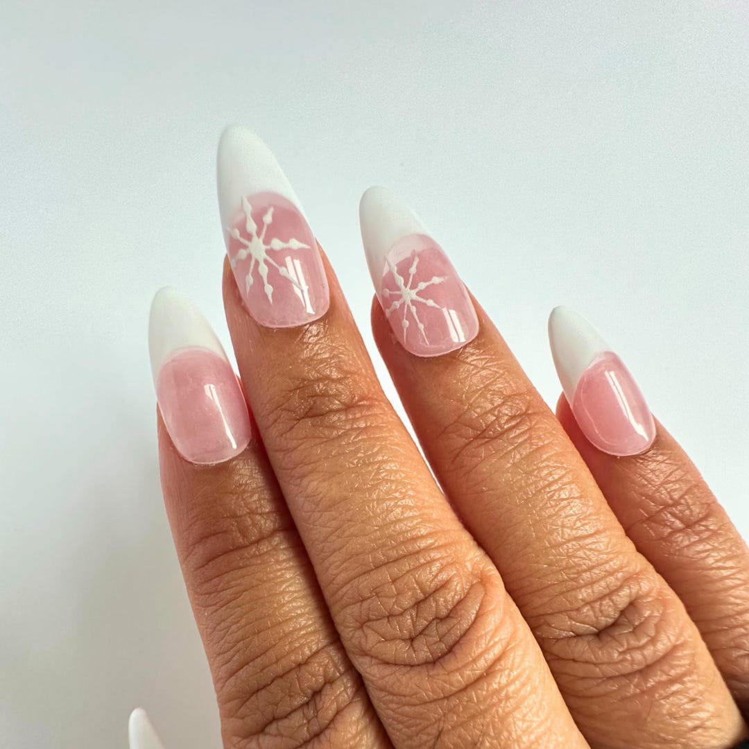 Snowflake French Tip Christmas Nails, French Tip Nails, Christmas French Tip Nails, Christmas ...