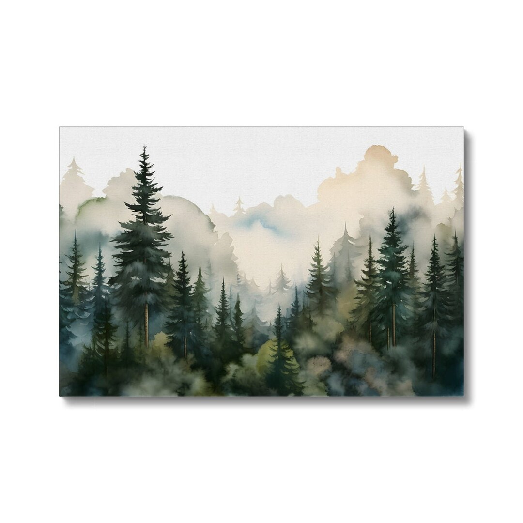Misty Pacific Northwest Forest: Enigmatic Watercolor Landscape Wall Art ...
