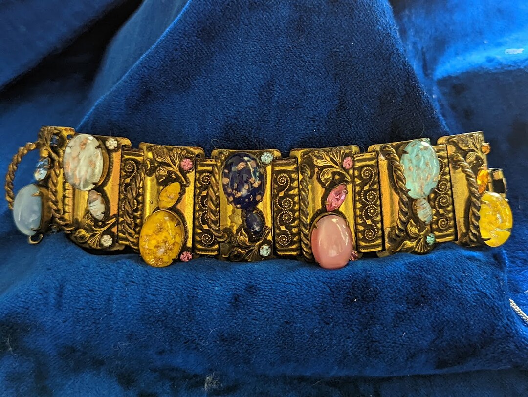 Outstanding Vintage Chunky Cabochon Art Glass and Rhinestone Bracelet ...