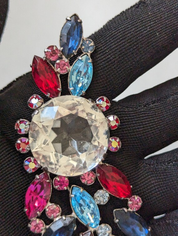 Stunning Large Vintage Multi Colored Rhinestone Brooch - Gem