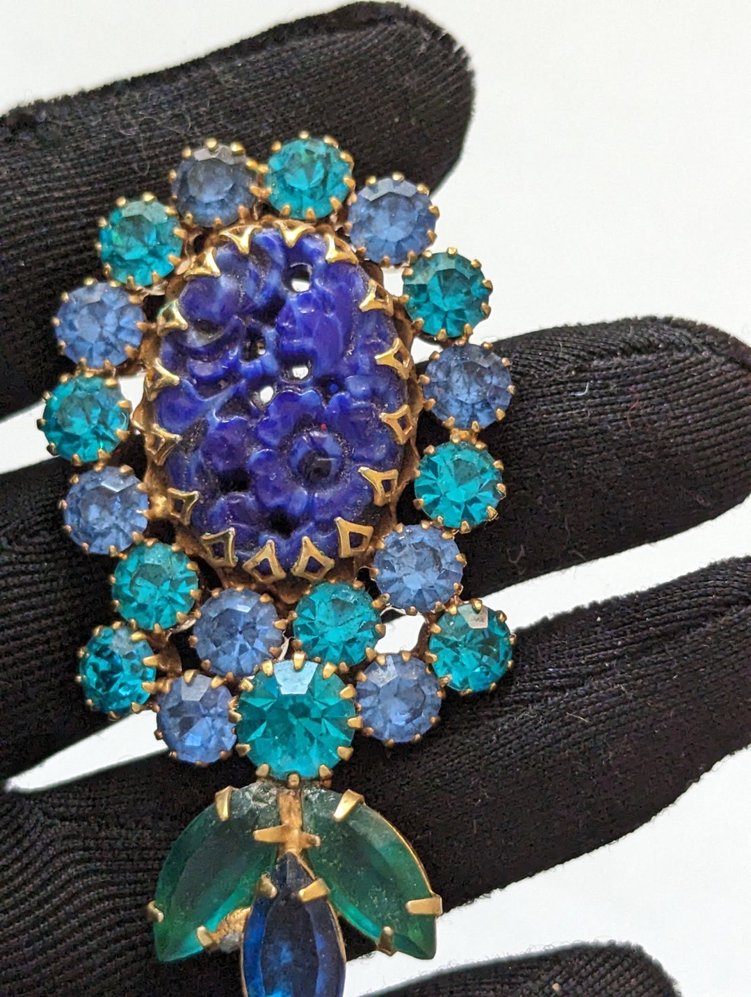 Vintage Austria Brooch With Molded Glass Cabochon, Rhinestones and ...