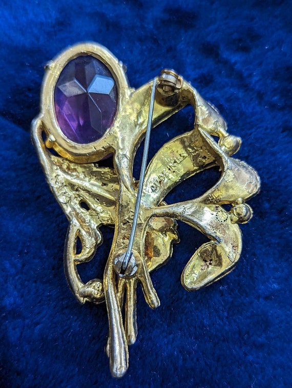 Vintage Fred Gray Brooch Big Purple Rhinestone - Gem