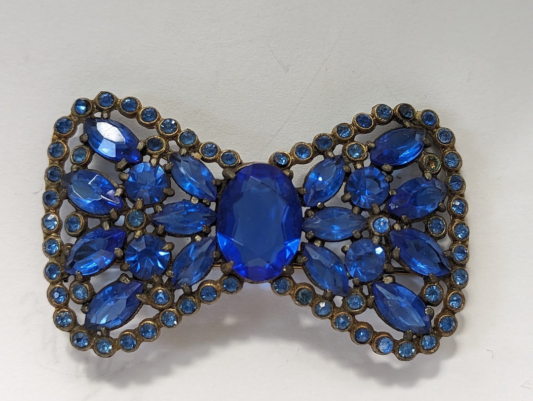 Vintage Blue Rhinestone Bow Brooch - Etsy