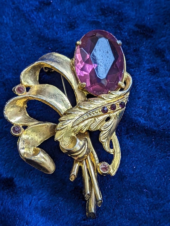 Vintage Fred Gray Brooch Big Purple Rhinestone - Gem