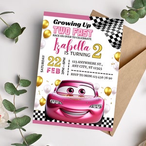 Pink Race Car Birthday Party Invitation, Two Fast Race Car Party ...