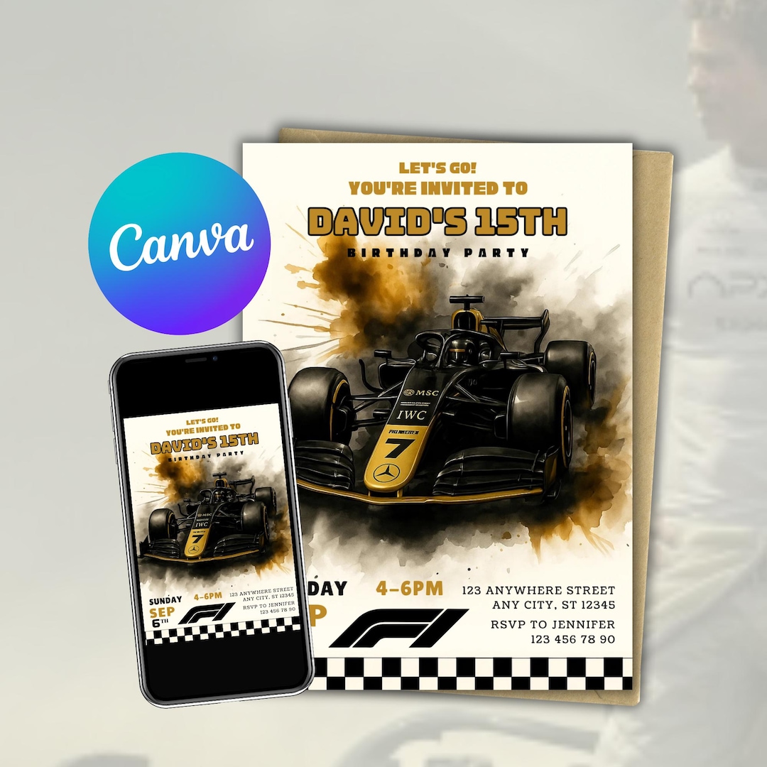 Editable F1 Race Car Birthday Invitation, Canva Template (digital File ...