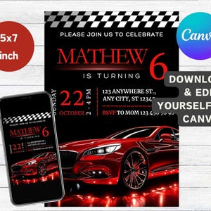 Editable Red Car Birthday Invitation Template, Race Car Party, Need for ...