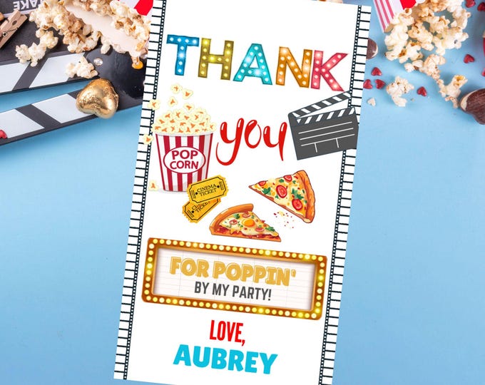 Movie Night Favor Tags: Editable Cinema Thank You Treat Bag (canva ...