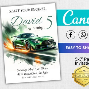 Car Birthday Invitation Editable Green Car Party Invitation, Race Car ...