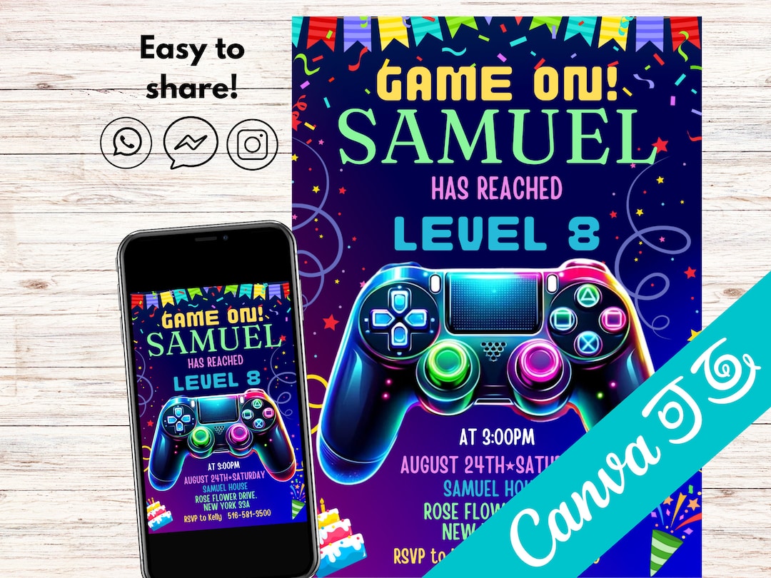 Video Game Birthday Invitation Printable Boy Gamer Party Invite Level ...