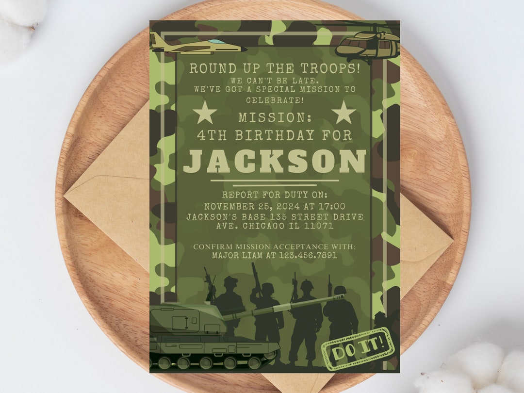 Editable Army Birthday Invitation Military Party Invitations Soldier ...