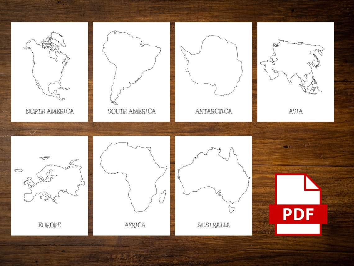 CONTINENTS Educational Cards Preschool Materials Coloring - Etsy