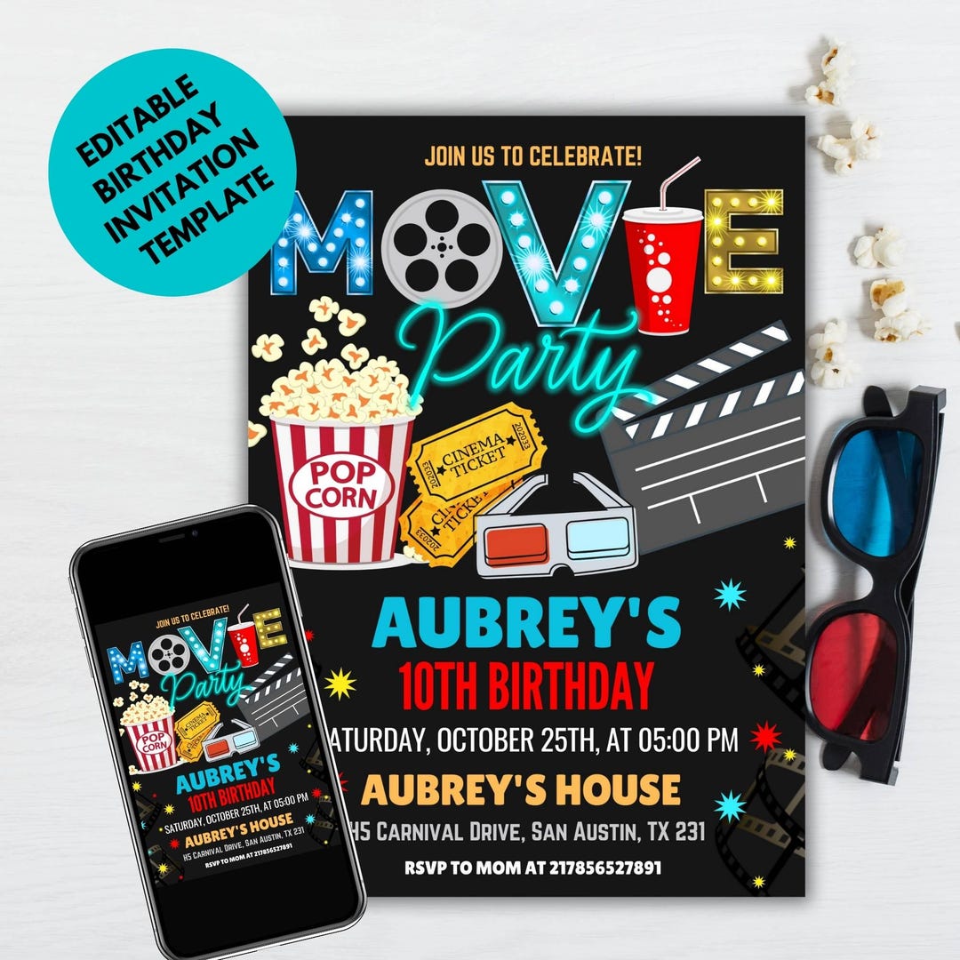 Movie Birthday Invitation, Popcorn and Movies Party, Cinema Birthday ...