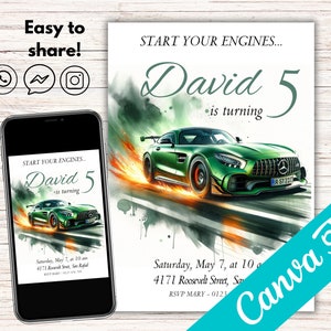 Car Birthday Invitation Editable Green Car Party Invitation, Race Car ...